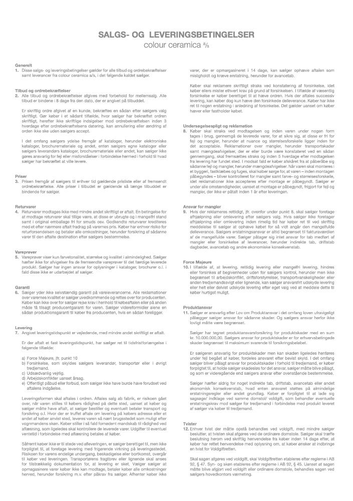 Salgs- og leveringsbetingelser │ Colour Ceramica A/S